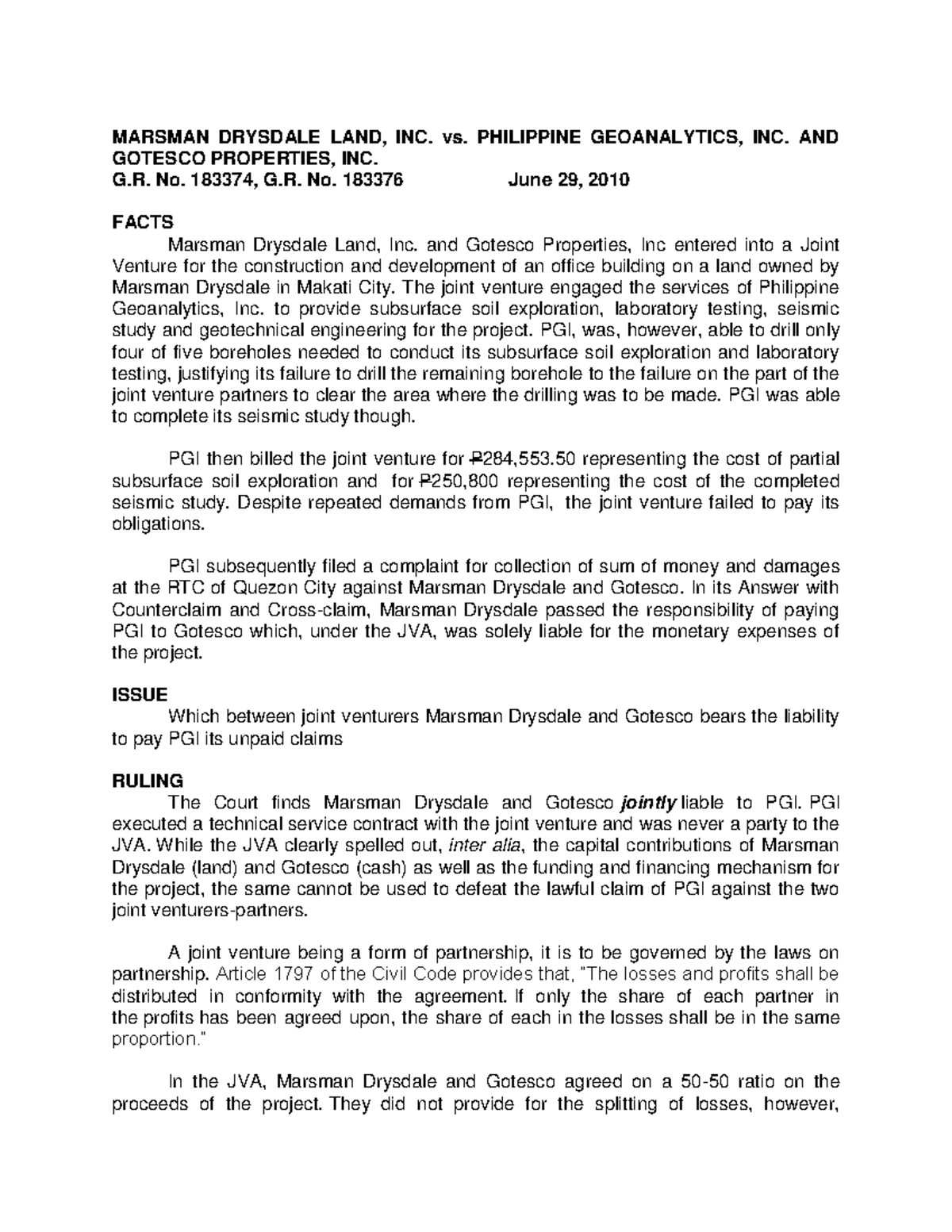 CASE Digest 2 - Lecture notes 1 - MARSMAN DRYSDALE LAND, INC. vs ...