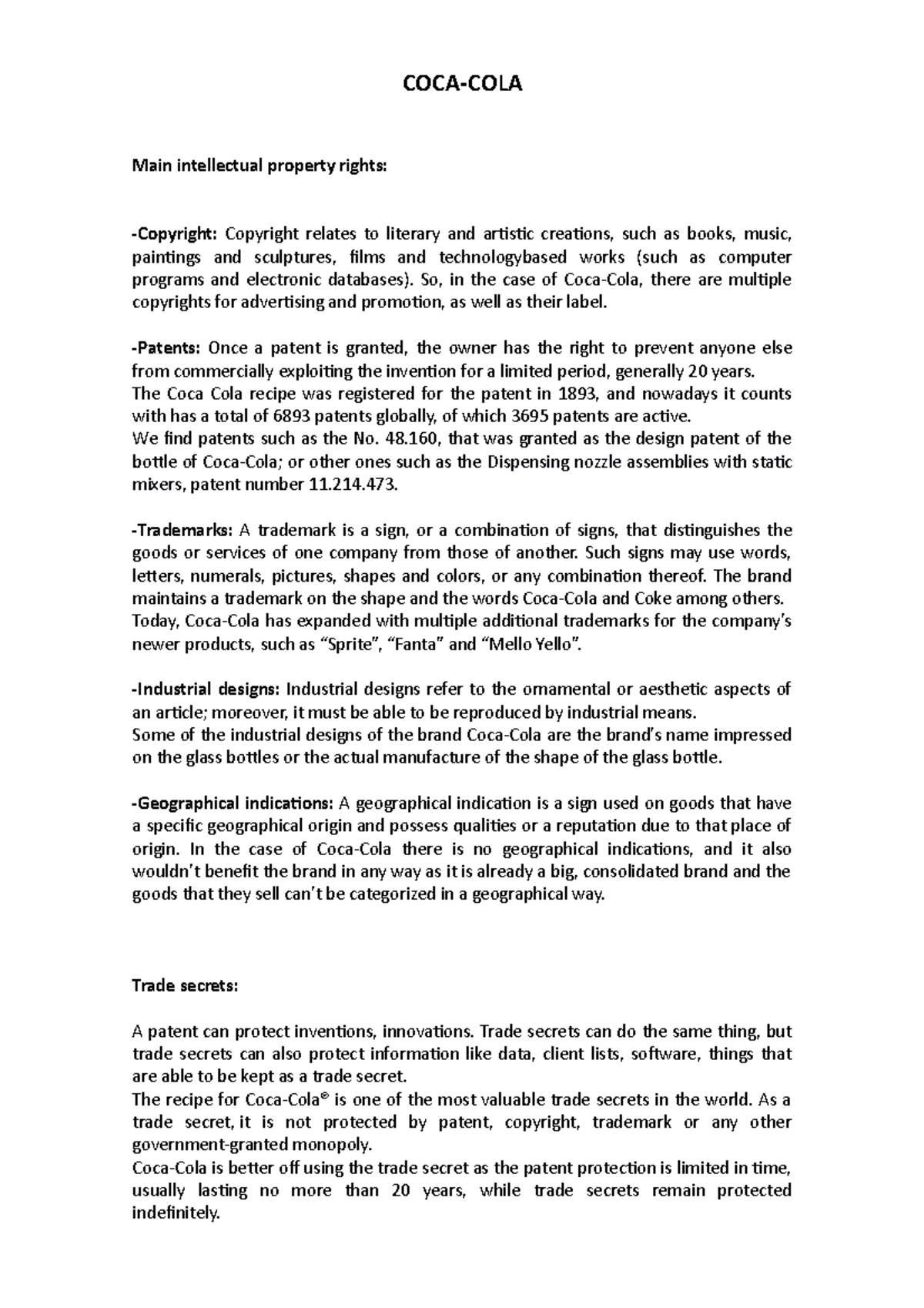Coca-Cola seminar 2 problem set intellectual properties - COCA-COLA ...