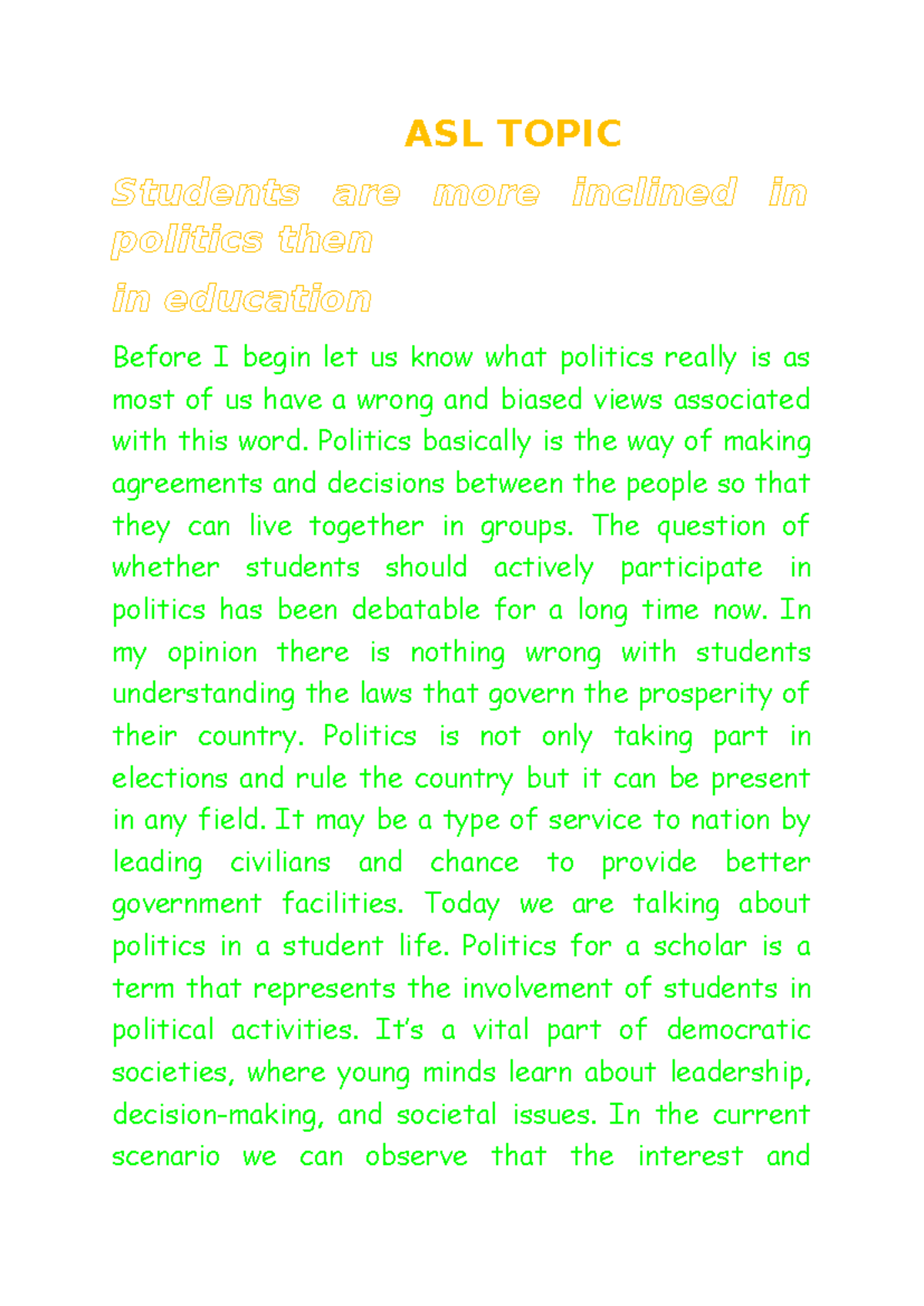 ASL Topic - asl for class 11 - ASL TOPIC Students are more inclined in ...