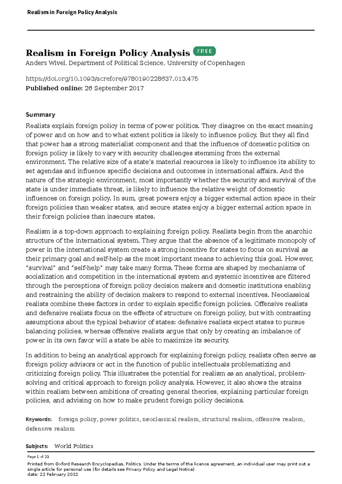 Realism and Foreign Policy - Page 1 of 23 Printed from Oxford Research ...