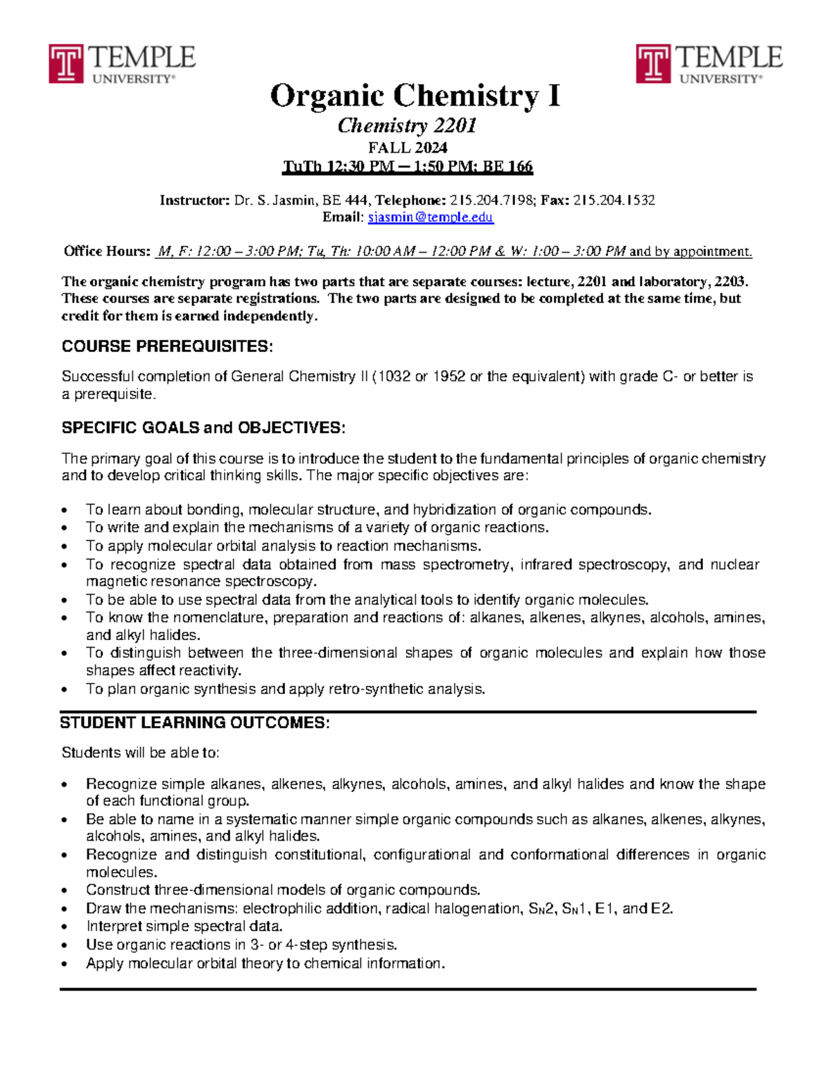 CHEM 2201 FALL 2024 - Syllabus - Organic Chemistry I Chemistry 2201 ...