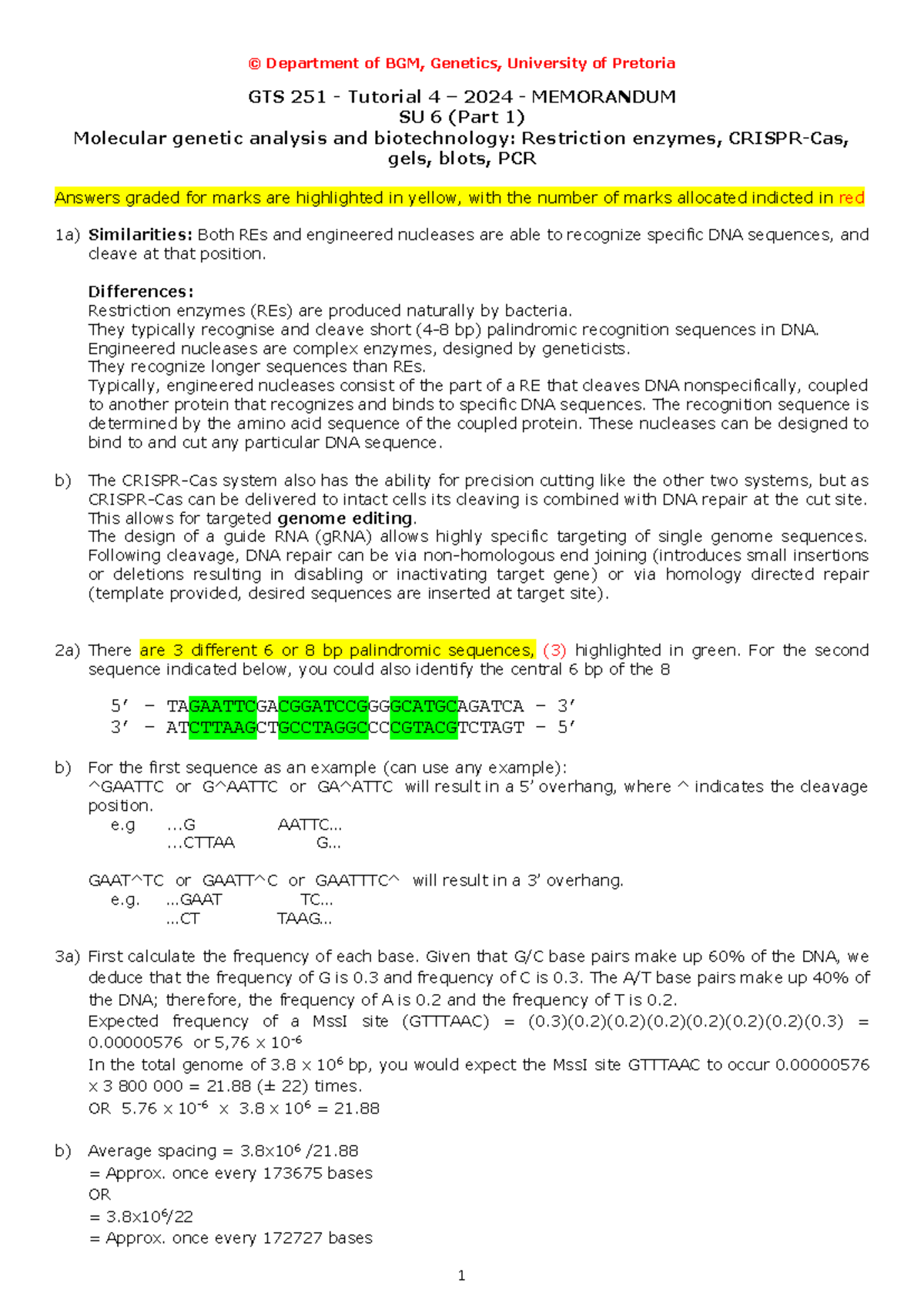 Tutorial 4 SU 6 2024 Marking Memo - © Department of BGM, Genetics ...