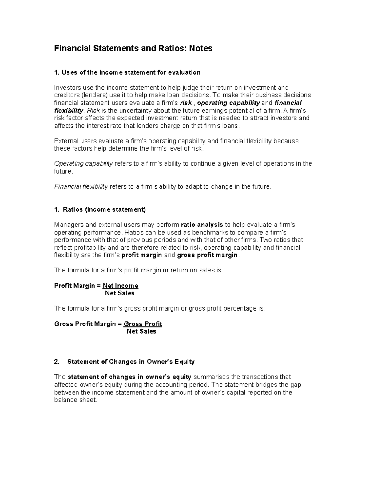 Financial Statements and Ratios Notes - To make their business ...