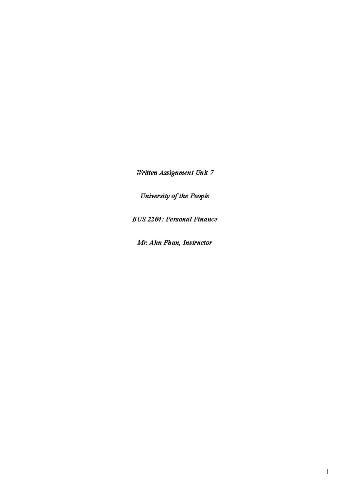 Written Assignment Unit 7 Personal Finance - Written Assignment Unit 7 ...