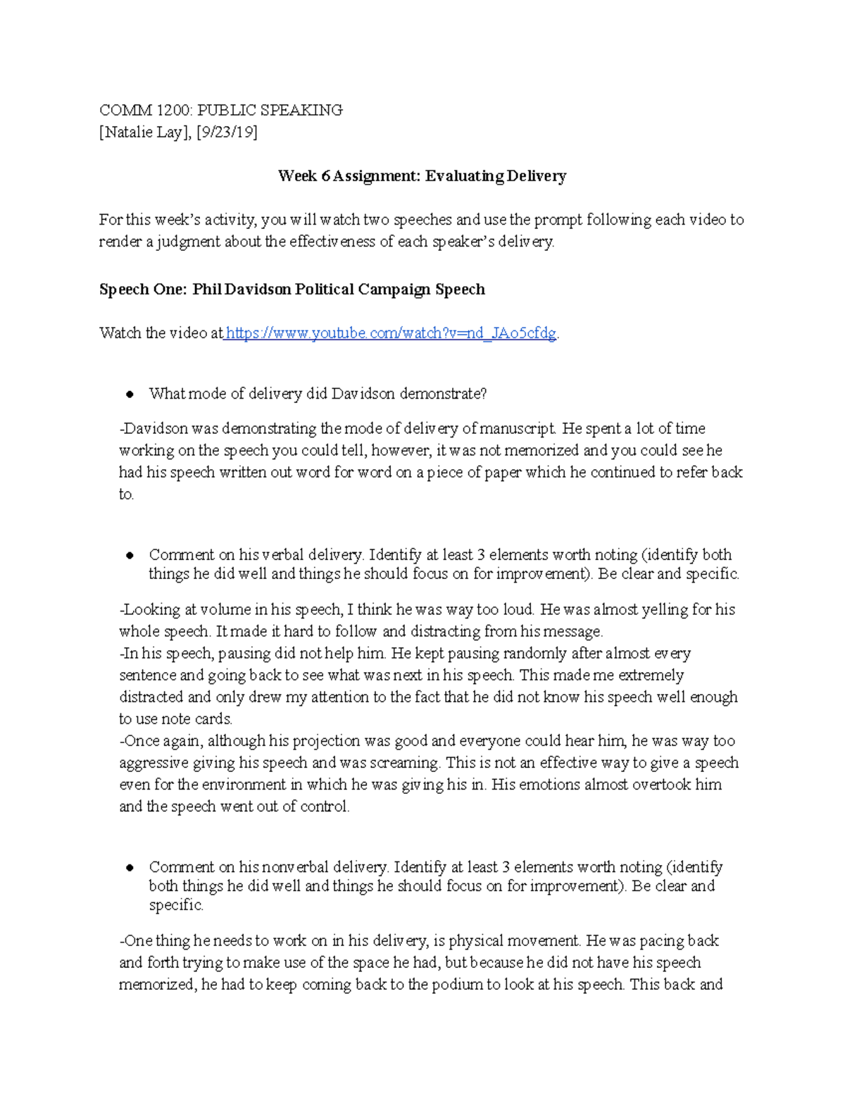 Week 6 Assignment: Evaluating Delivery - COMM 1200: PUBLIC SPEAKING ...