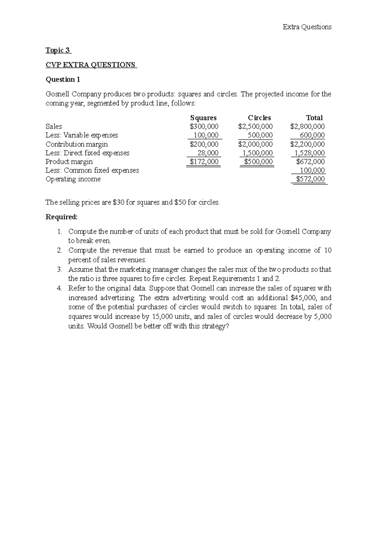 Topic 3 Extra Questions - Topic 3 CVP EXTRA QUESTIONS Question 1 ...