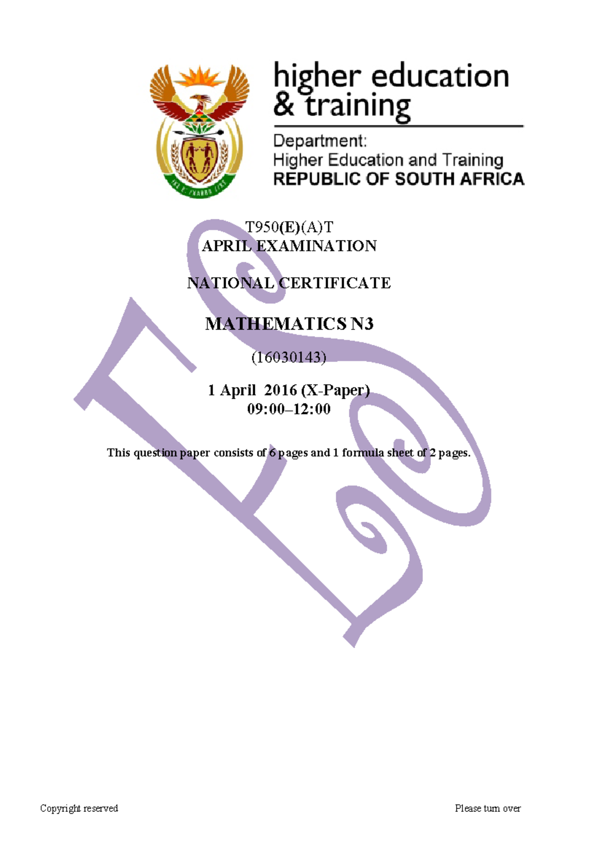 N3 Mathematics April 2016 - T950(E)(A)T APRIL EXAMINATION NATIONAL ...