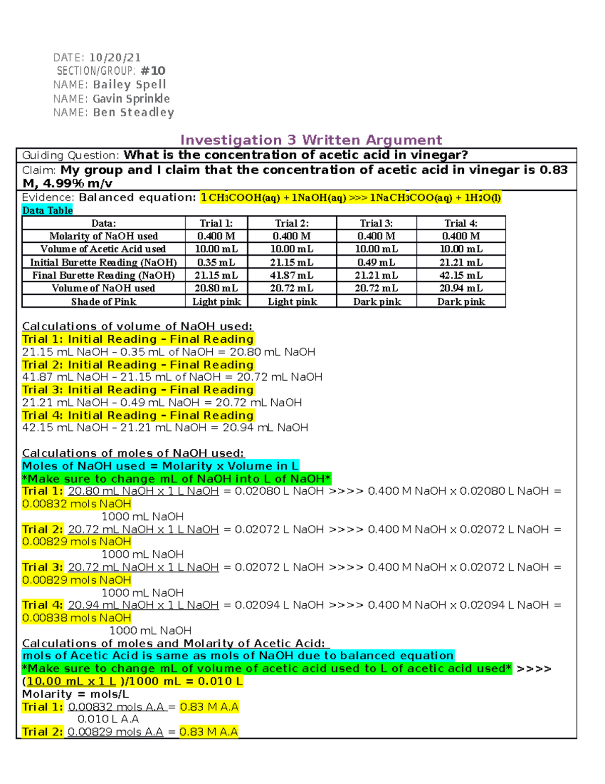 Chem Lab MOD 3 Written Argument Practice Questions and Answers - DATE: 10/20/ S E CT I O N / G R ...
