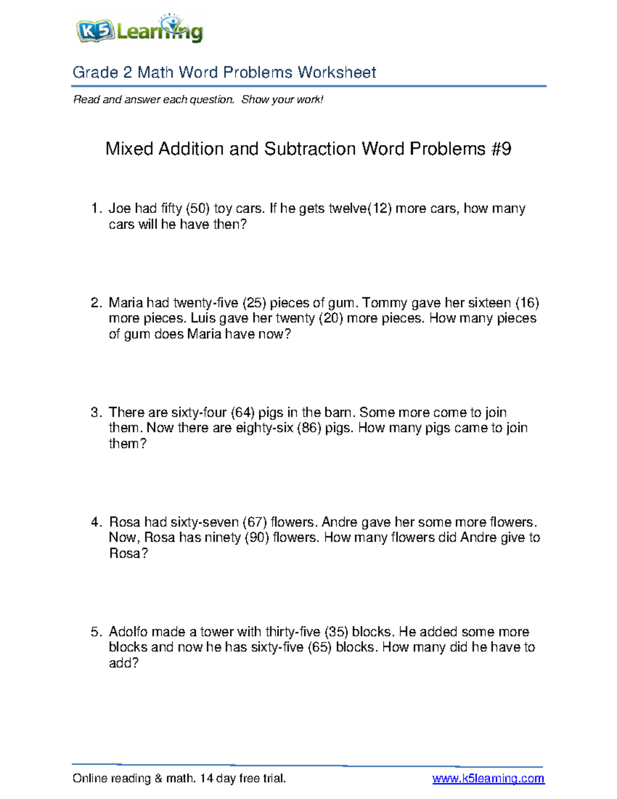 Mixed Addition And Subtraction Word Problems 9 Online Reading Math