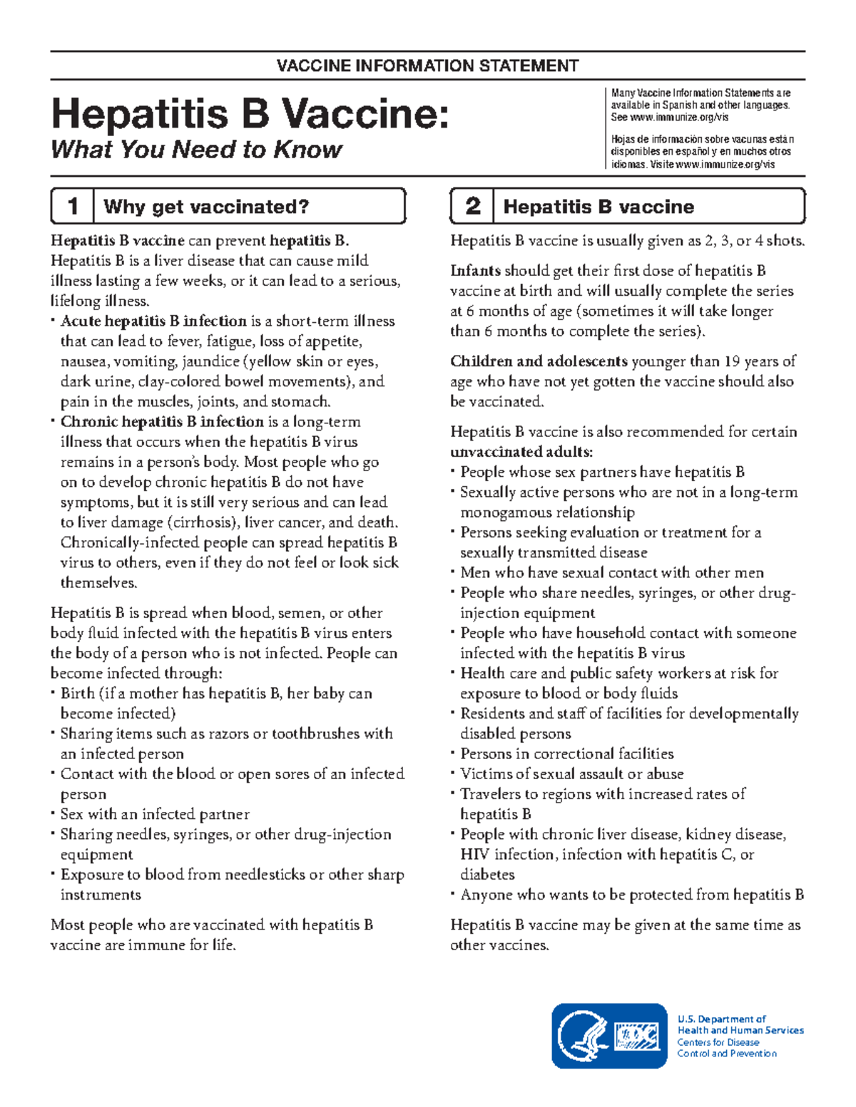 Vaccine Information Statement See Immunize Vis Hojas De Información