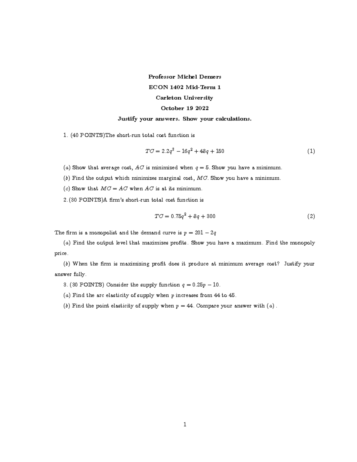 1402-Mid Term 1 draft 1 Fall 2022 - Professor Michel Demers ECON 1402 ...
