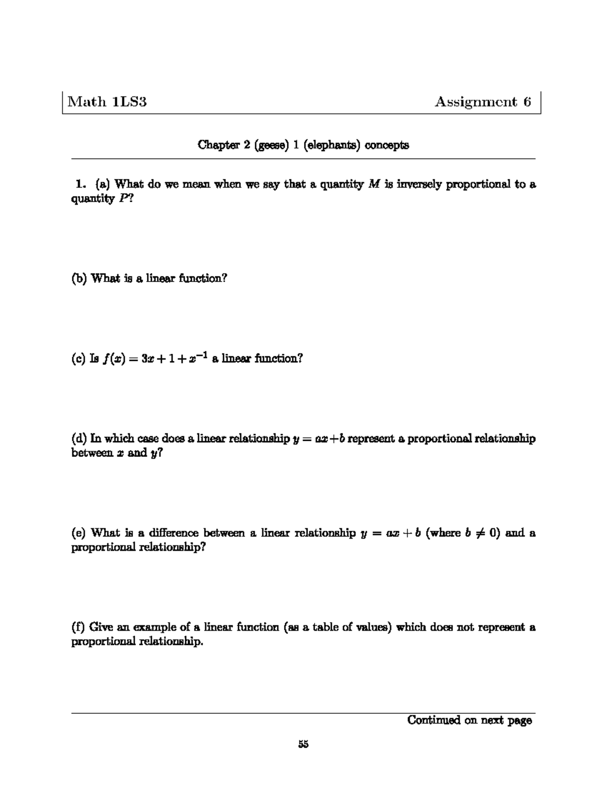 Assignment 6 for Math 1Ls3 that tests you on content learnt in class ...