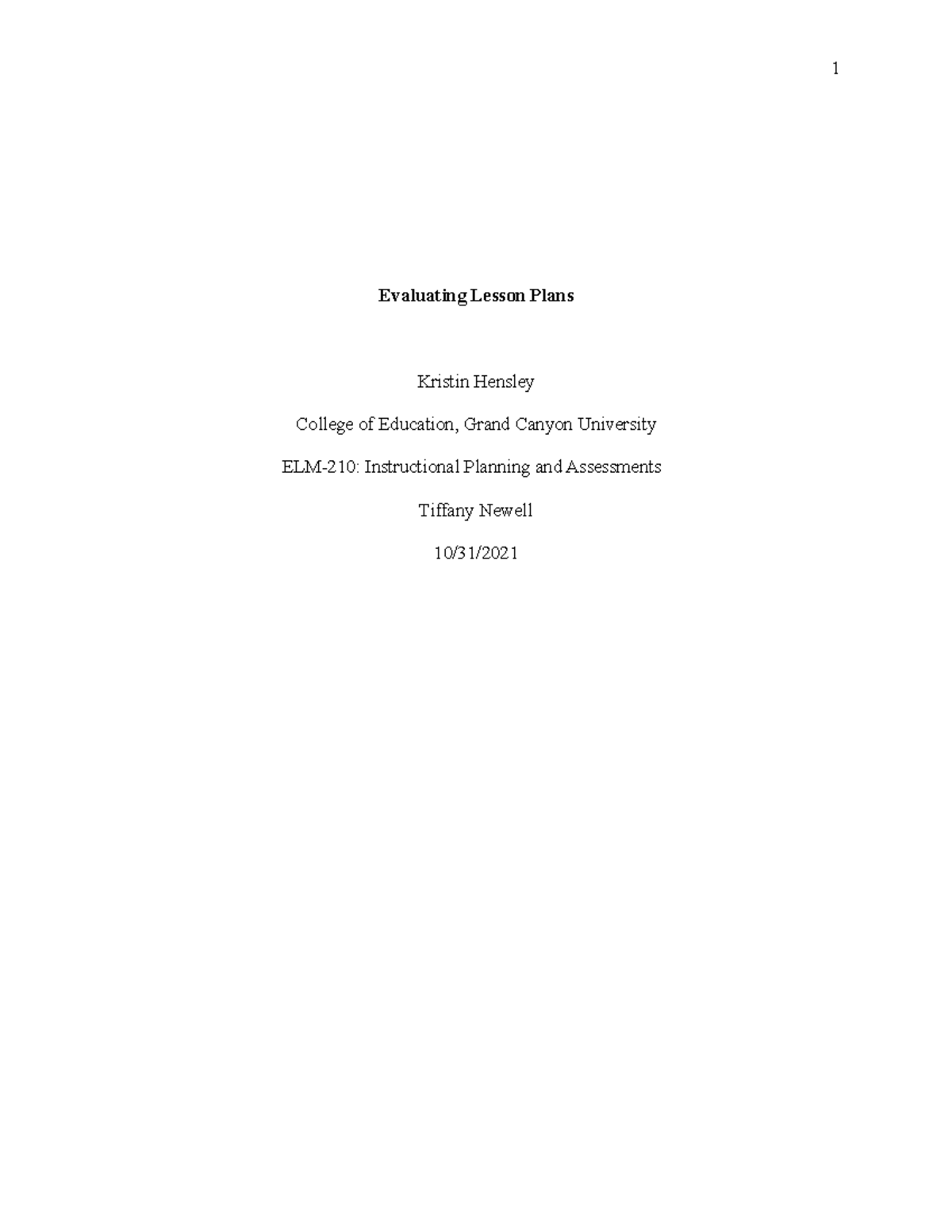 ELM-210 Topic 7-evaluating lesson plans - Evaluating Lesson Plans ...