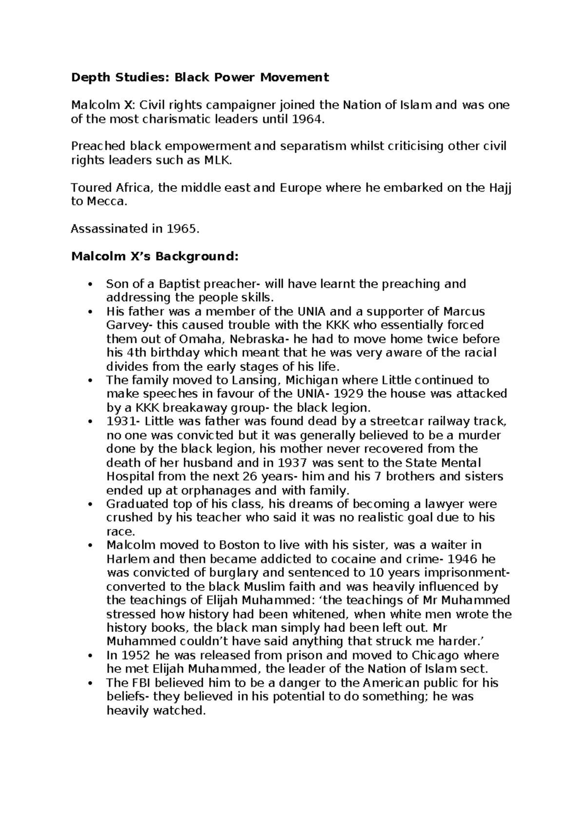 Black Power Depth Study Notes - Depth Studies: Black Power Movement ...
