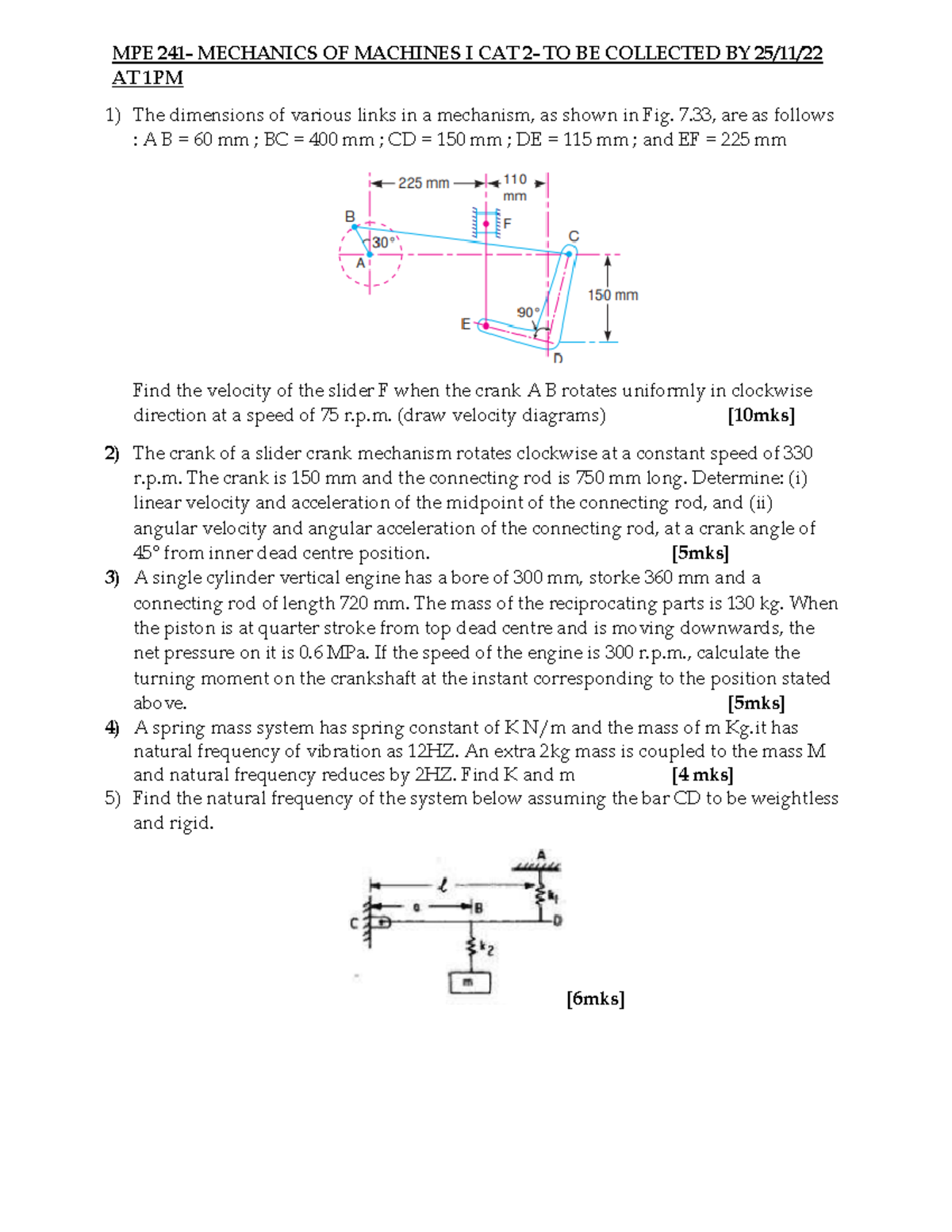 MPE 241 cat 2 2022 nov.take away - MPE 241- MECHANICS OF MACHINES I CAT ...