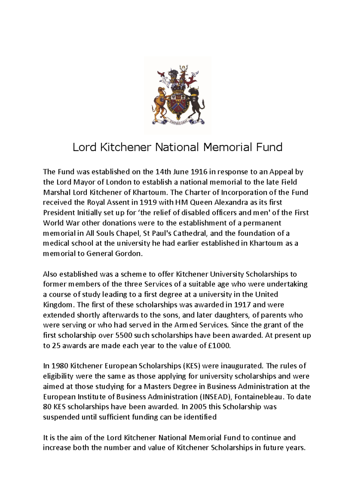 History of the lknmf - notes - Lord Kitchener National Memorial Fund ...