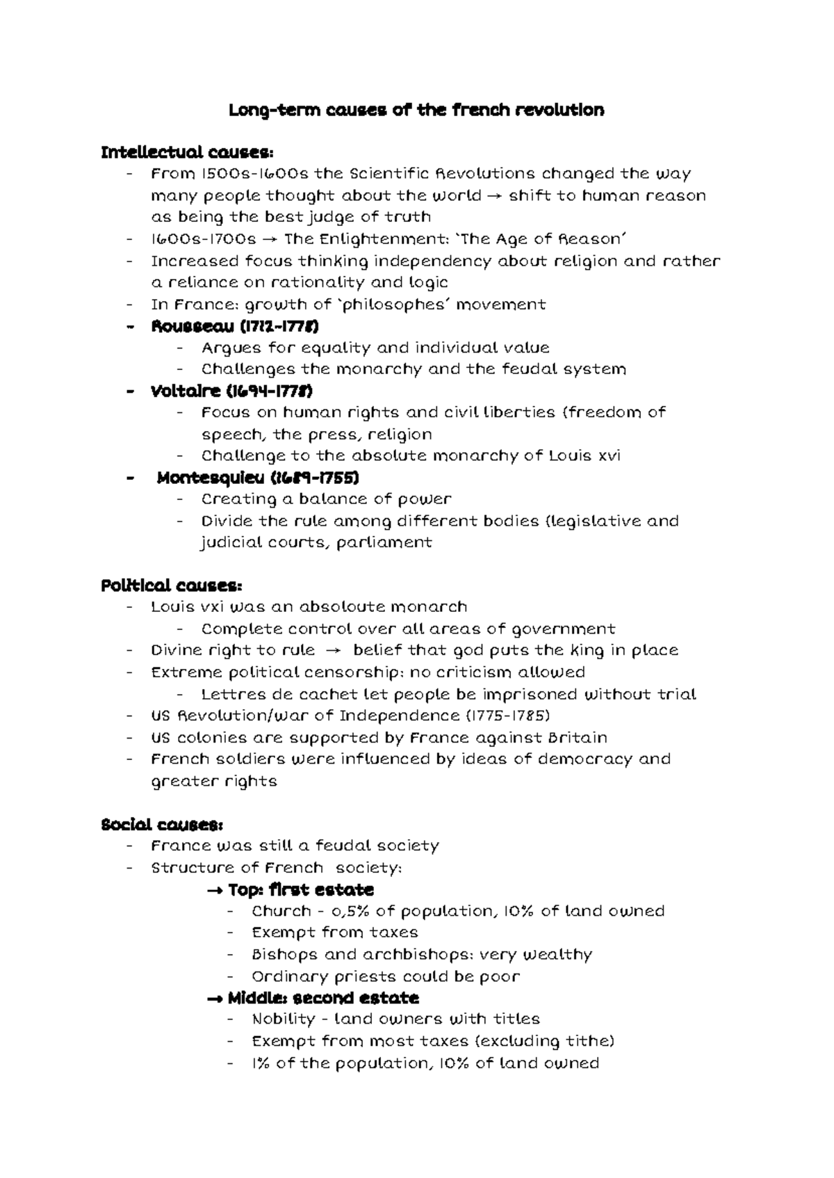 The french revolution - notes - Long-term causes of the french ...