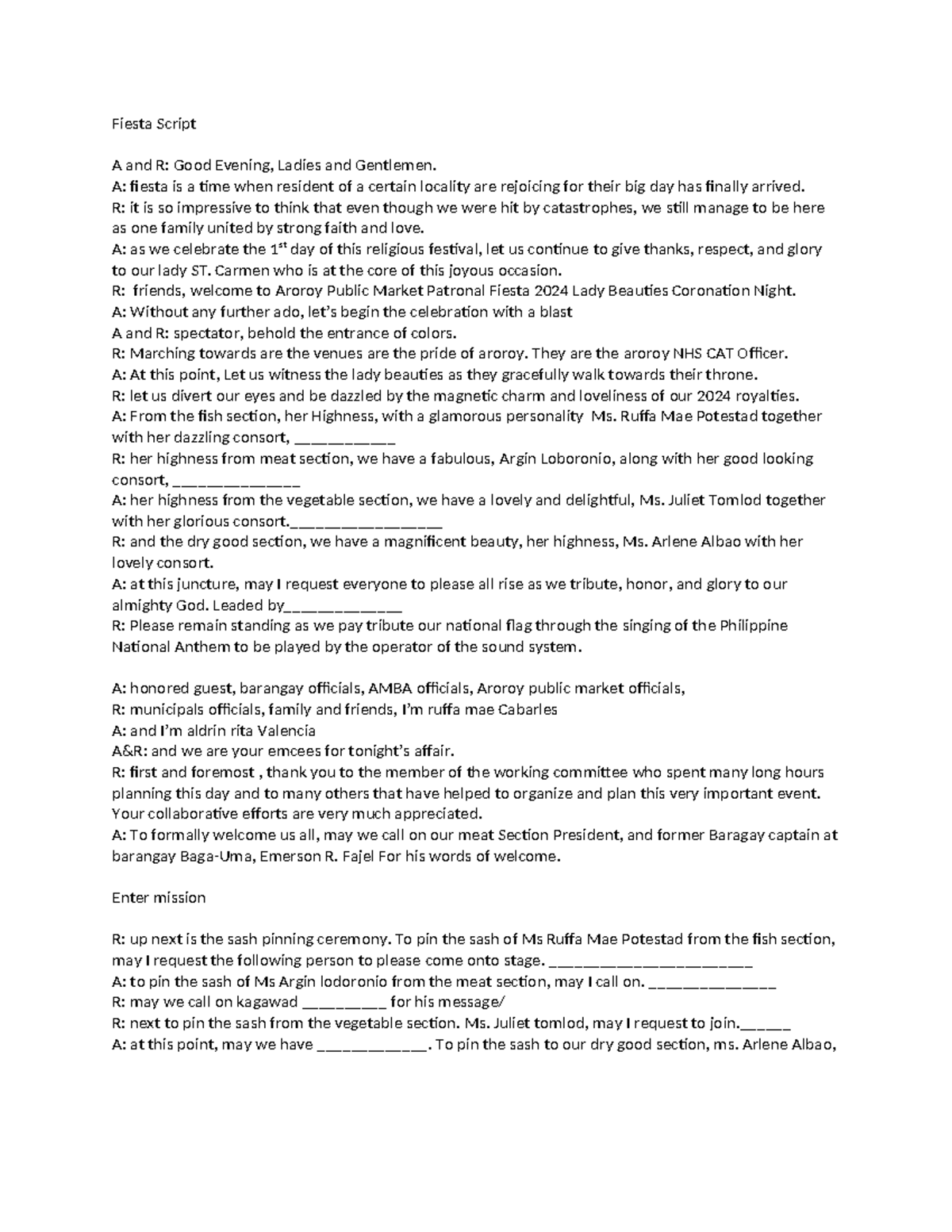 Fiesta Script - Lecture - Fiesta Script A and R: Good Evening, Ladies ...