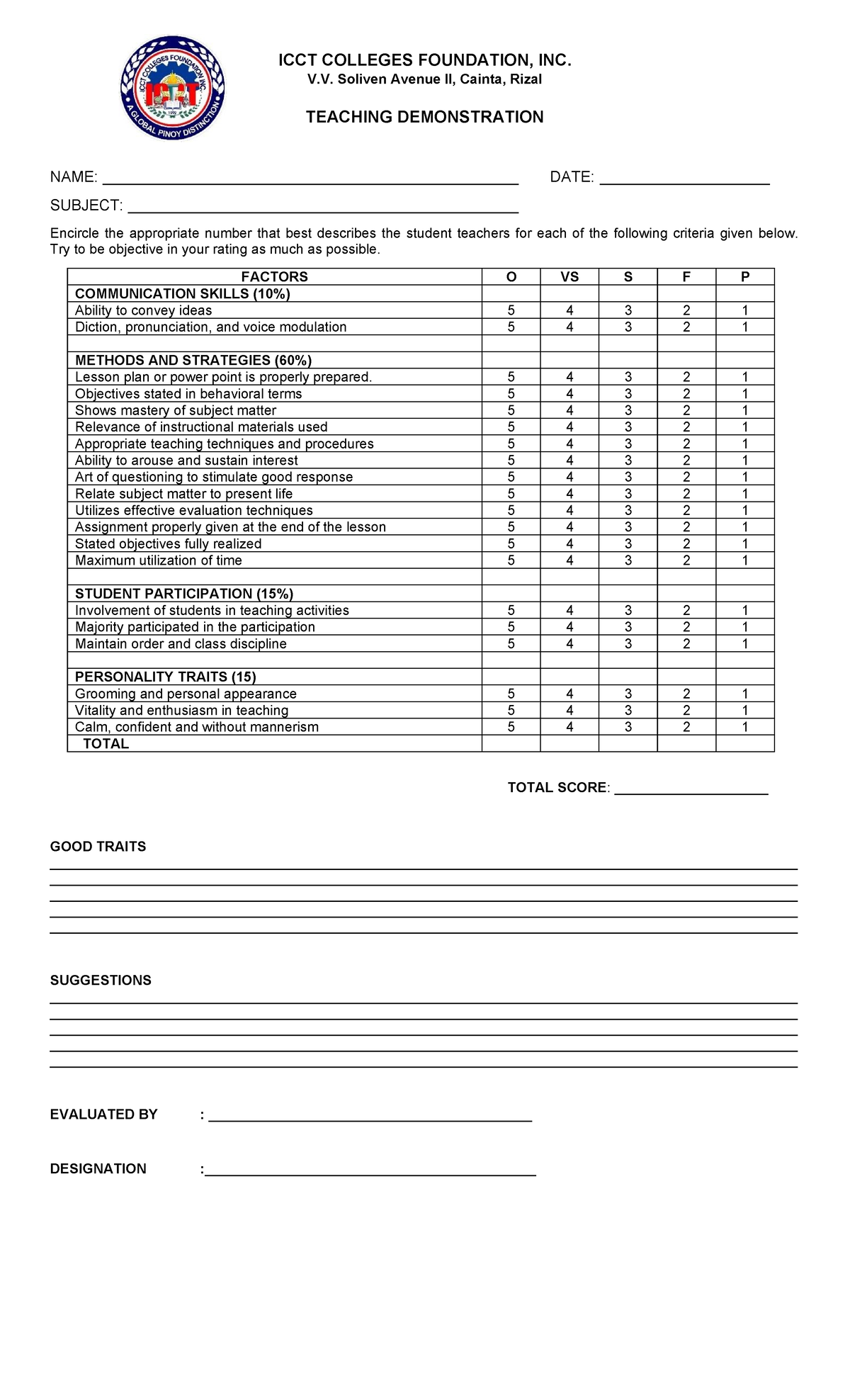 Final-DEMO- Criteria - ICCT COLLEGES FOUNDATION, INC. V. Soliven Avenue ...