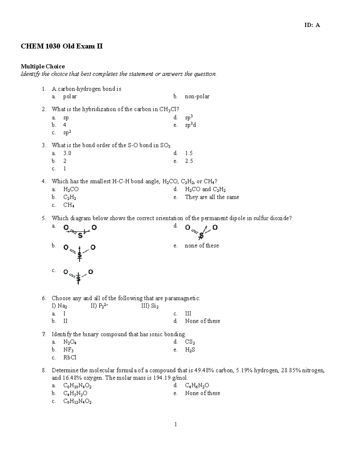 Old Exam II - test 2 - ID: A 1 CHEM 1030 Old Exam II Multiple Choice ...