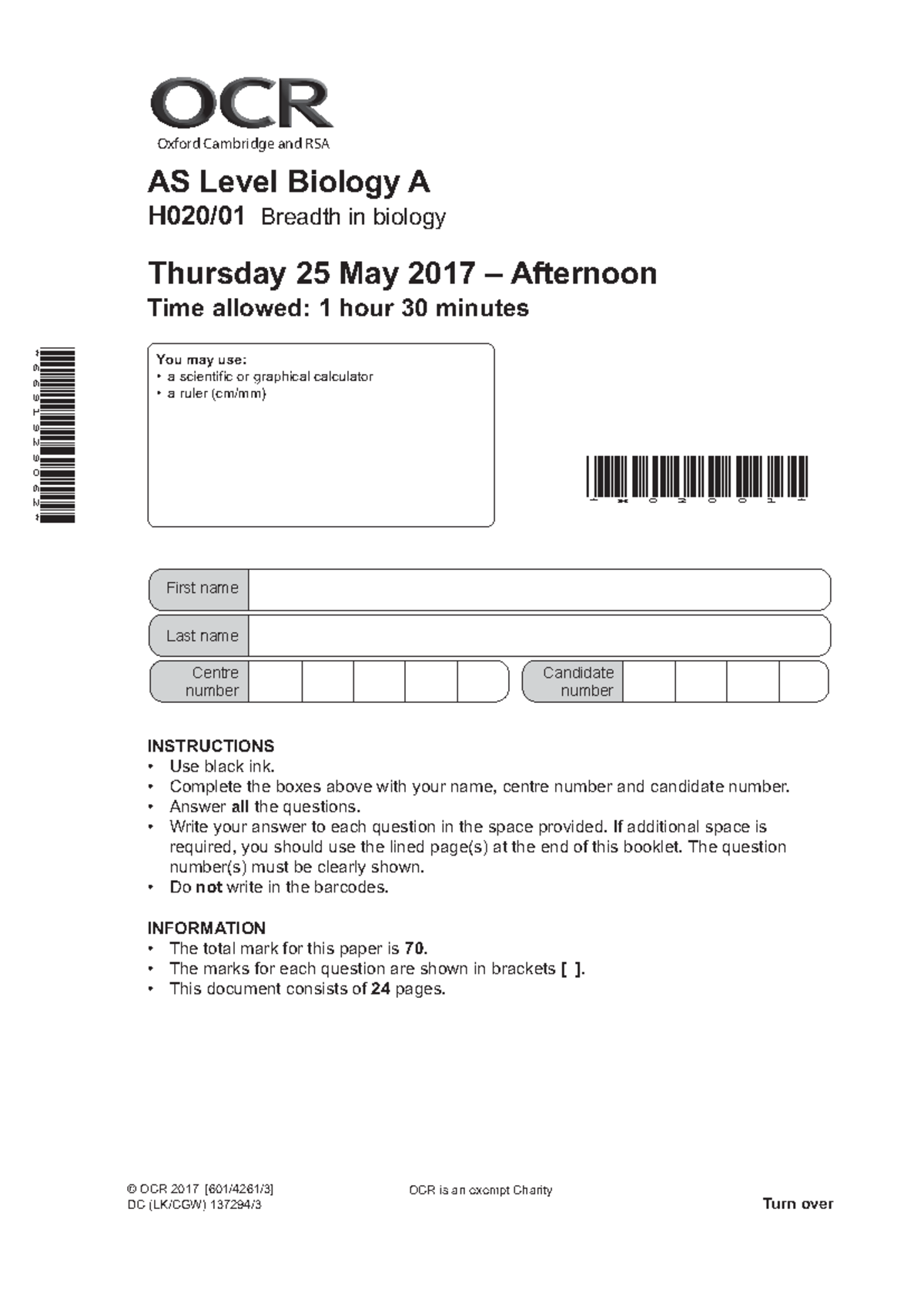 Breadth 2017 - Past paper for OCR A - INSTRUCTIONS Use black ink ...