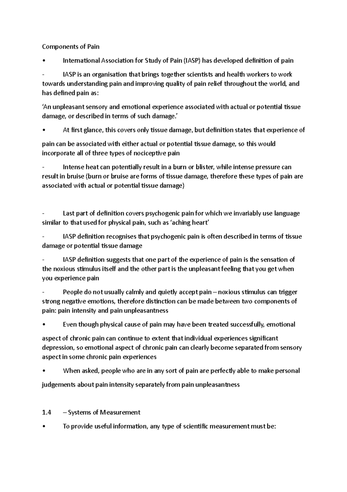 Section 1 – Defining and Measuring Pain - part 2 - Components of Pain ...