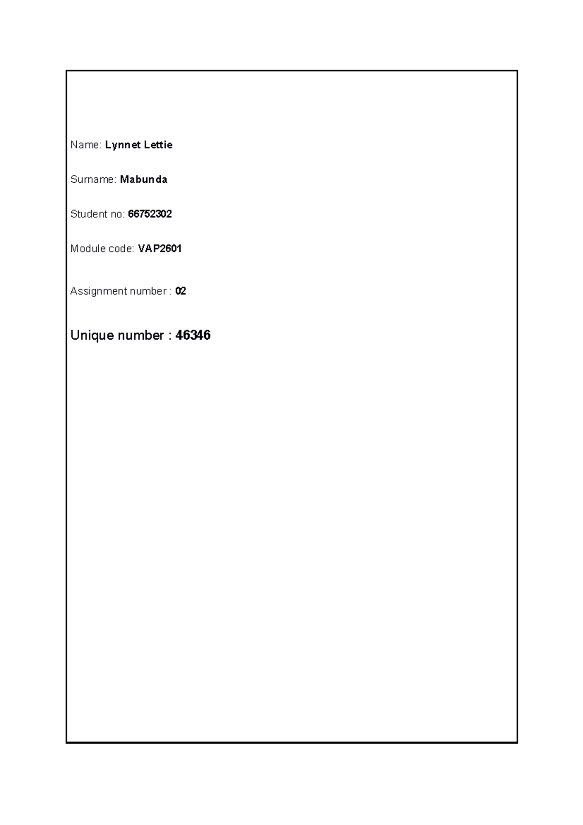 VAP2601 Assignment 02 Lynnet 2022 - Name: Lynnet Lettie Surname ...
