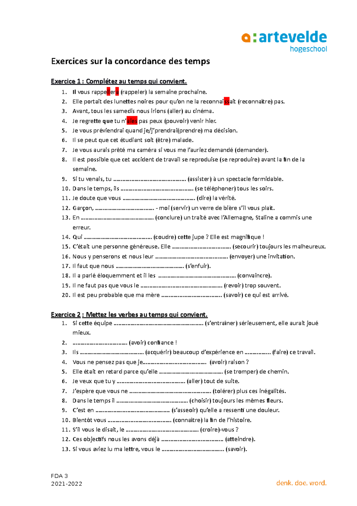 Exercices concordance des temps FDA3 2021 2022 - Exercices sur la ...