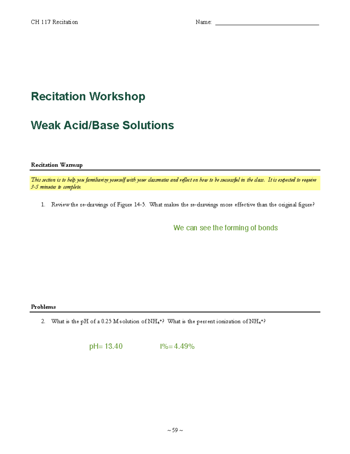 08 PRE Weak Acid Base Solutions - CH 117 Recitation Name