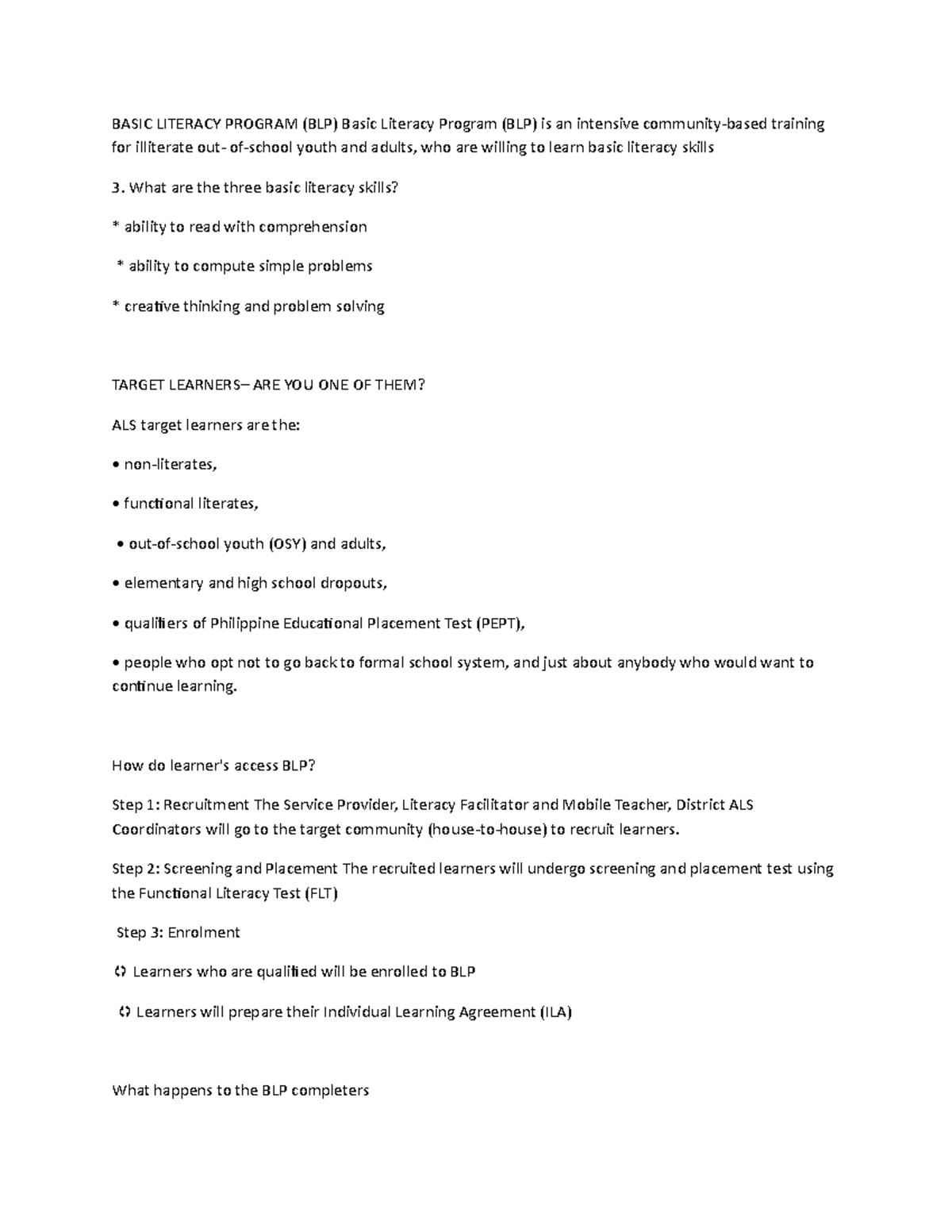 RESEARCH BASIC LITERACY PROGRAM (BLP) - BASIC LITERACY PROGRAM (BLP ...