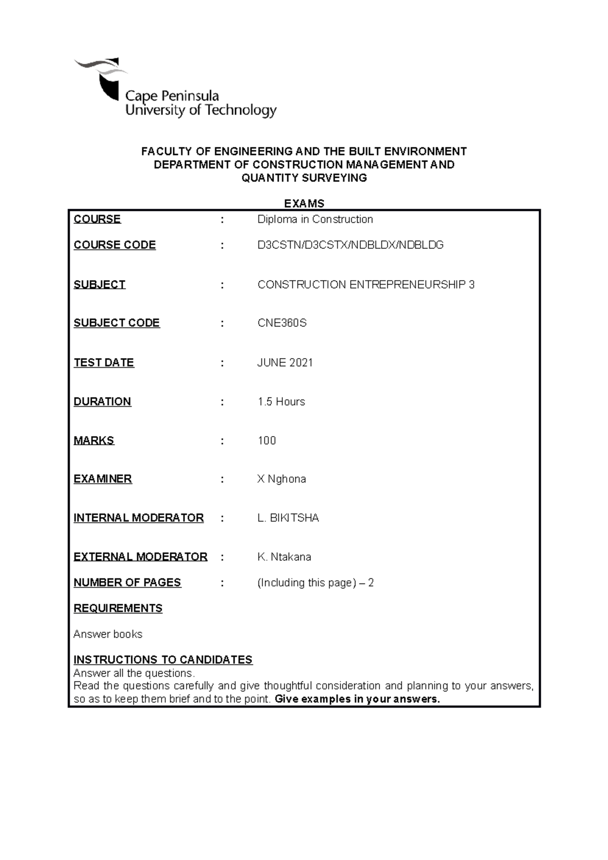 Cover PAGE - EXAM - JUNE - Final Exam - FACULTY OF ENGINEERING AND THE ...