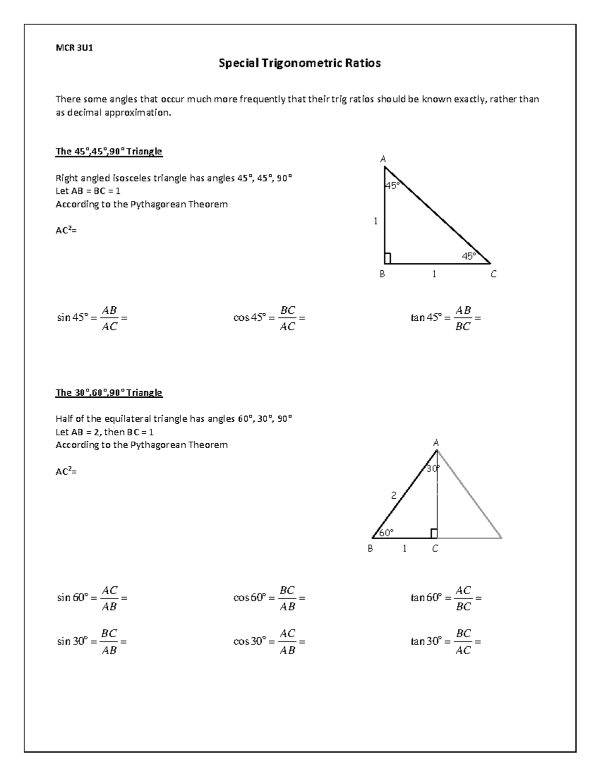 Ratios of Special Angles - ####### MCR 3U Special Trigonometric Ratios ...