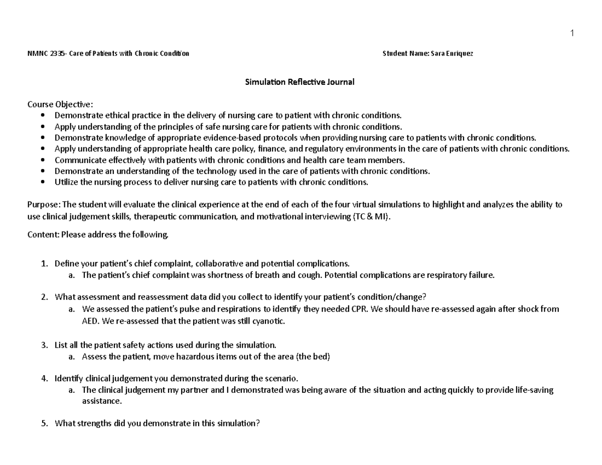 L3 Simulation Reflection 1 - 1 NMNC 2335- Care of Patients with Chronic ...