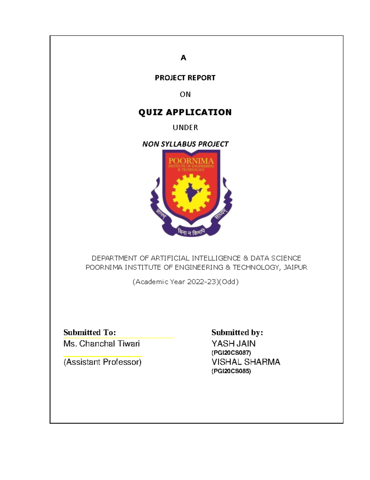 JAVA Report 2022-23 - A PROJECT REPORT ON QUIZ APPLICATION UNDER NON ...
