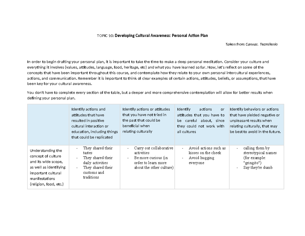 Topic 10 - Chart PLAN Cultural Awareness-1 - TOPIC 10: Developing ...