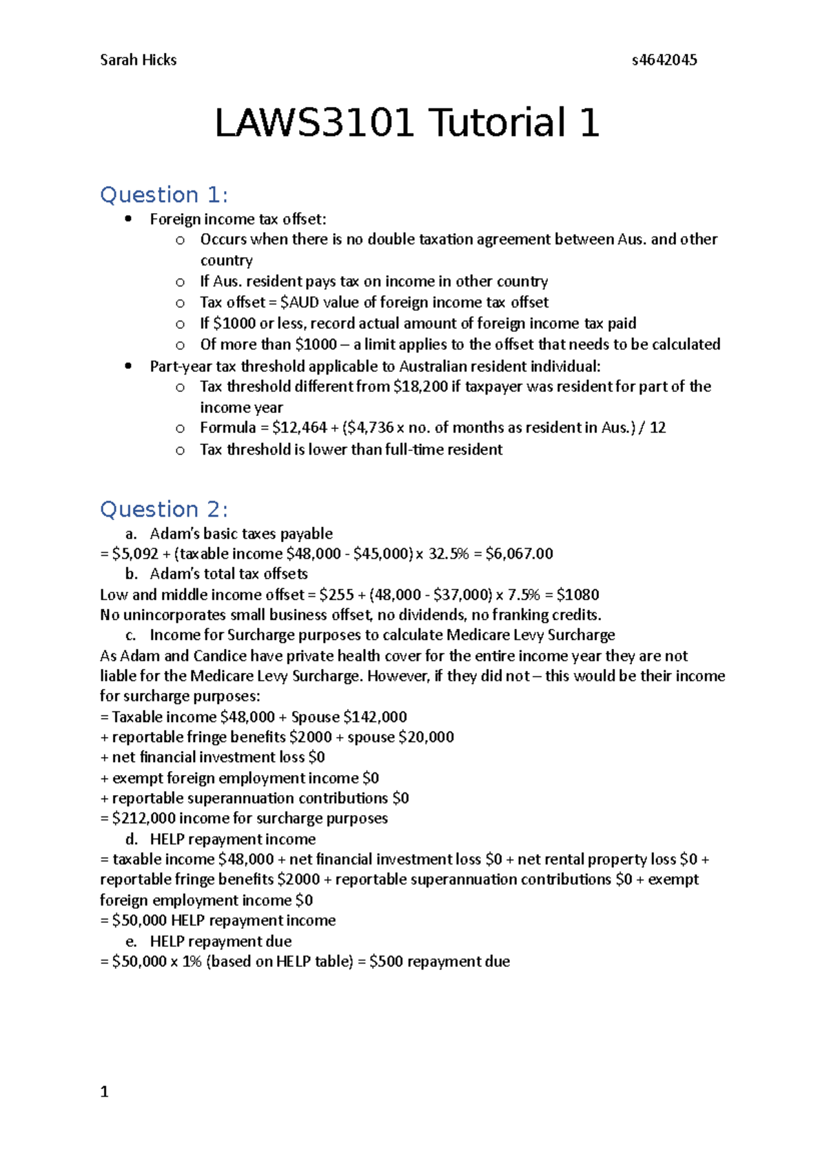 LAWS3101 Tutorial 1 Answers - Sarah Hicks s LAWS3101 Tutorial 1 ...