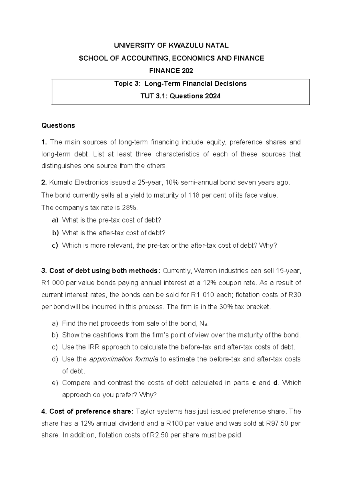 FINA202- TUT 3.1 Questions - UNIVERSITY OF KWAZULU NATAL SCHOOL OF ...