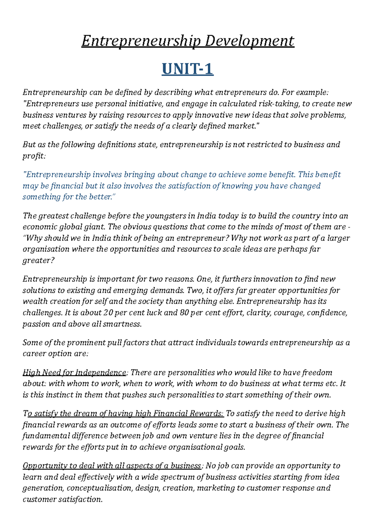 ED unit 1 - ytfyg - Entrepreneurship Development UNIT- Entrepreneurship ...