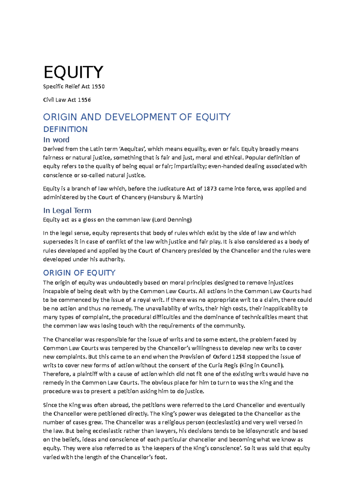 LAW501 TEST Revision - Equity and its legal maxim - EQUITY Specific ...