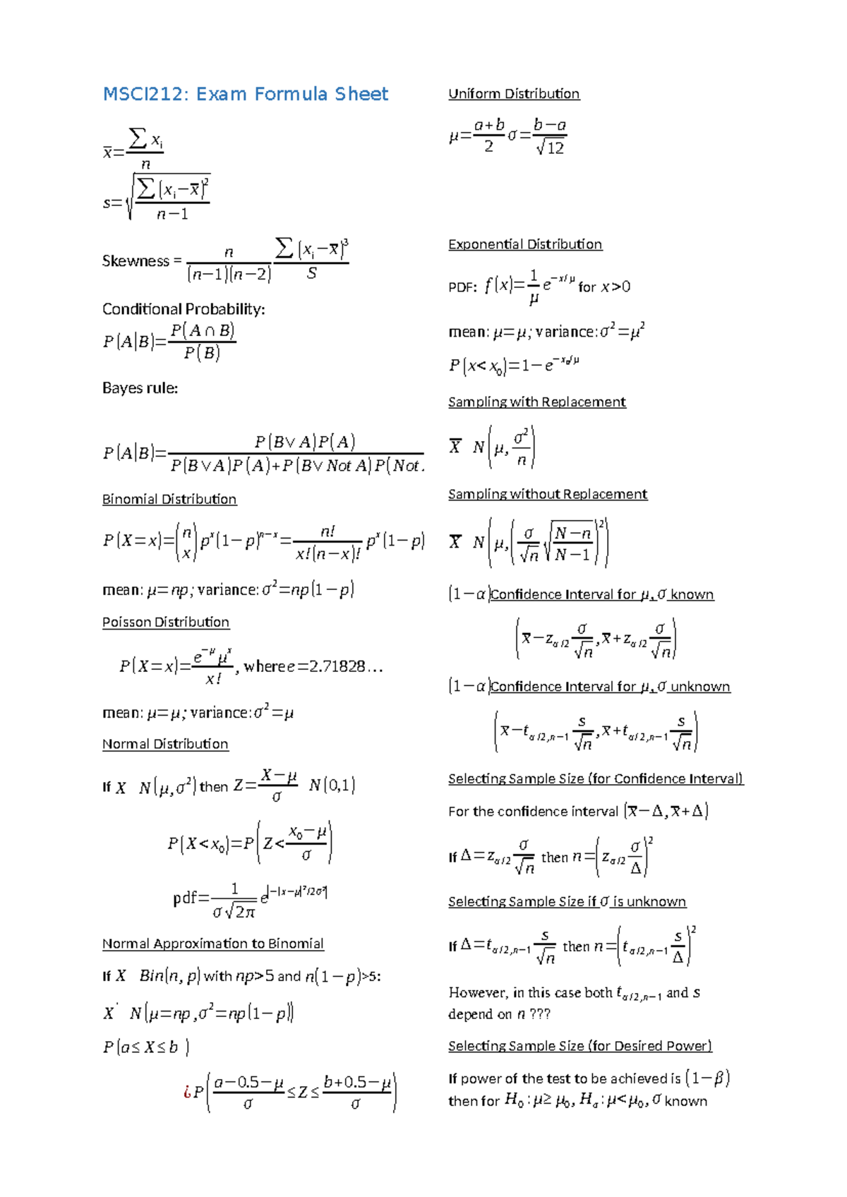 MSCI212 Formula Sheet - Summary Statistical Methods for Business ...
