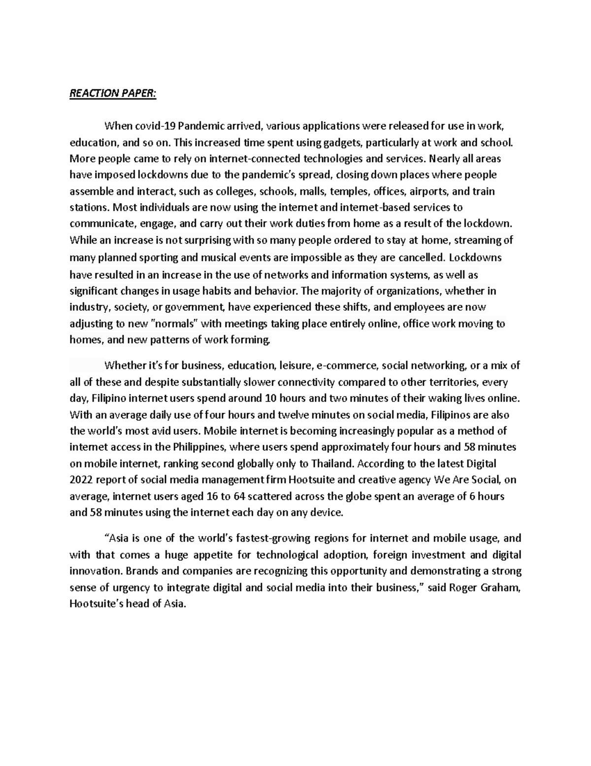 Reaction Paper - REACTION PAPER: When covid-19 Pandemic arrived ...