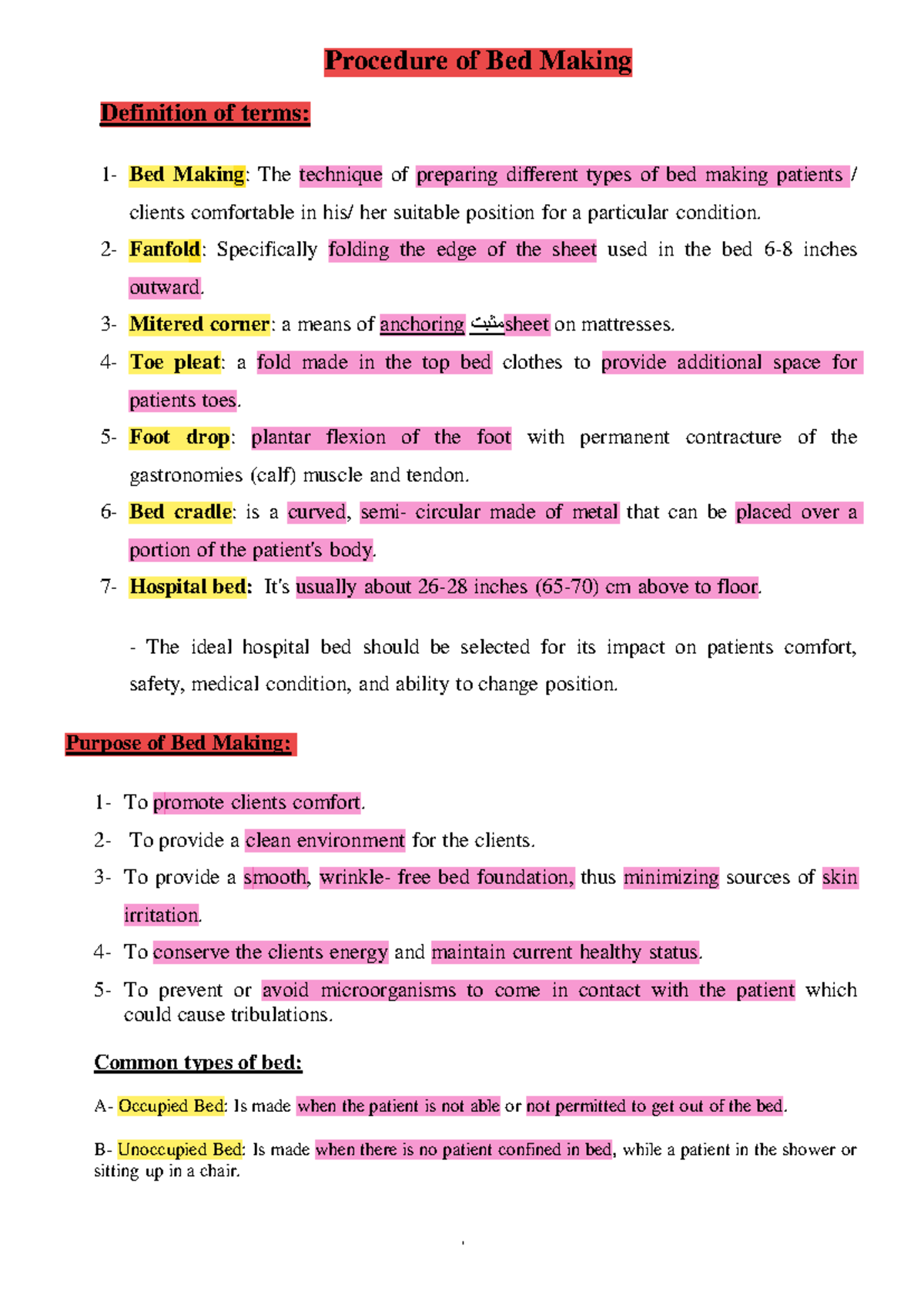 Bed Making-lab - A checklist of Bed Making - Procedure of Bed Making ...