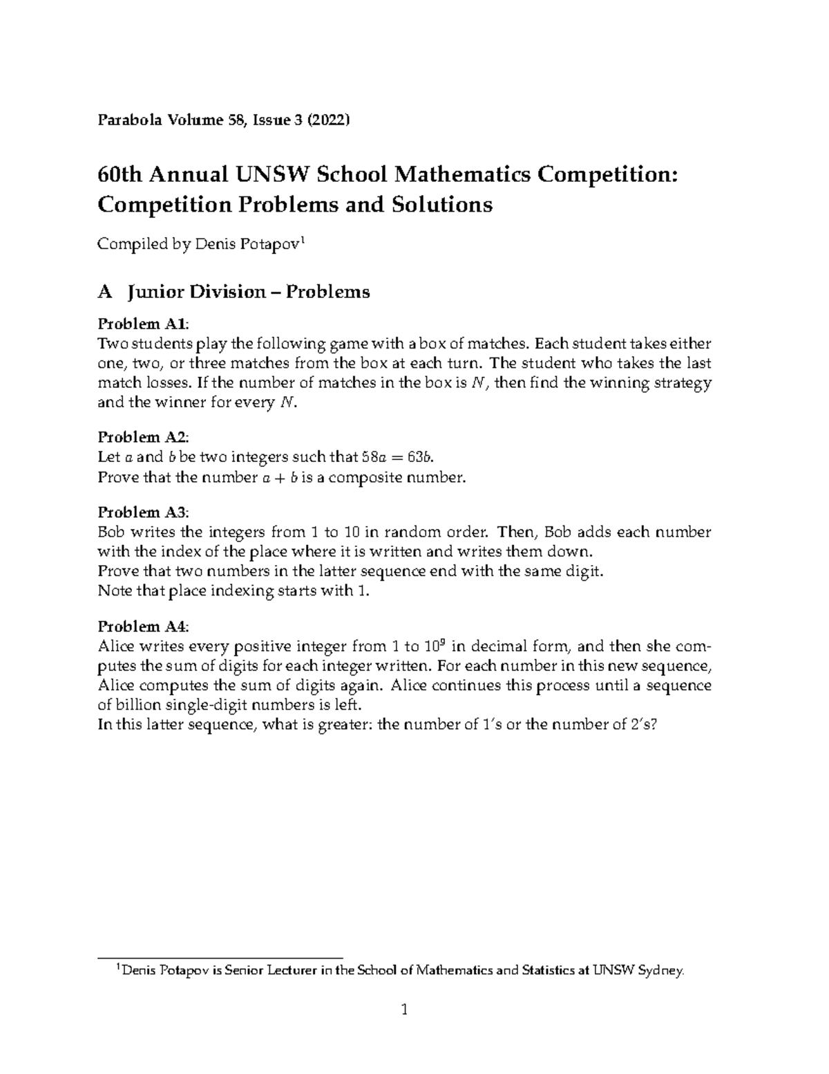 2022 UNSW mathematics competition - Parabola Volume 58, Issue 3 (2022 ...