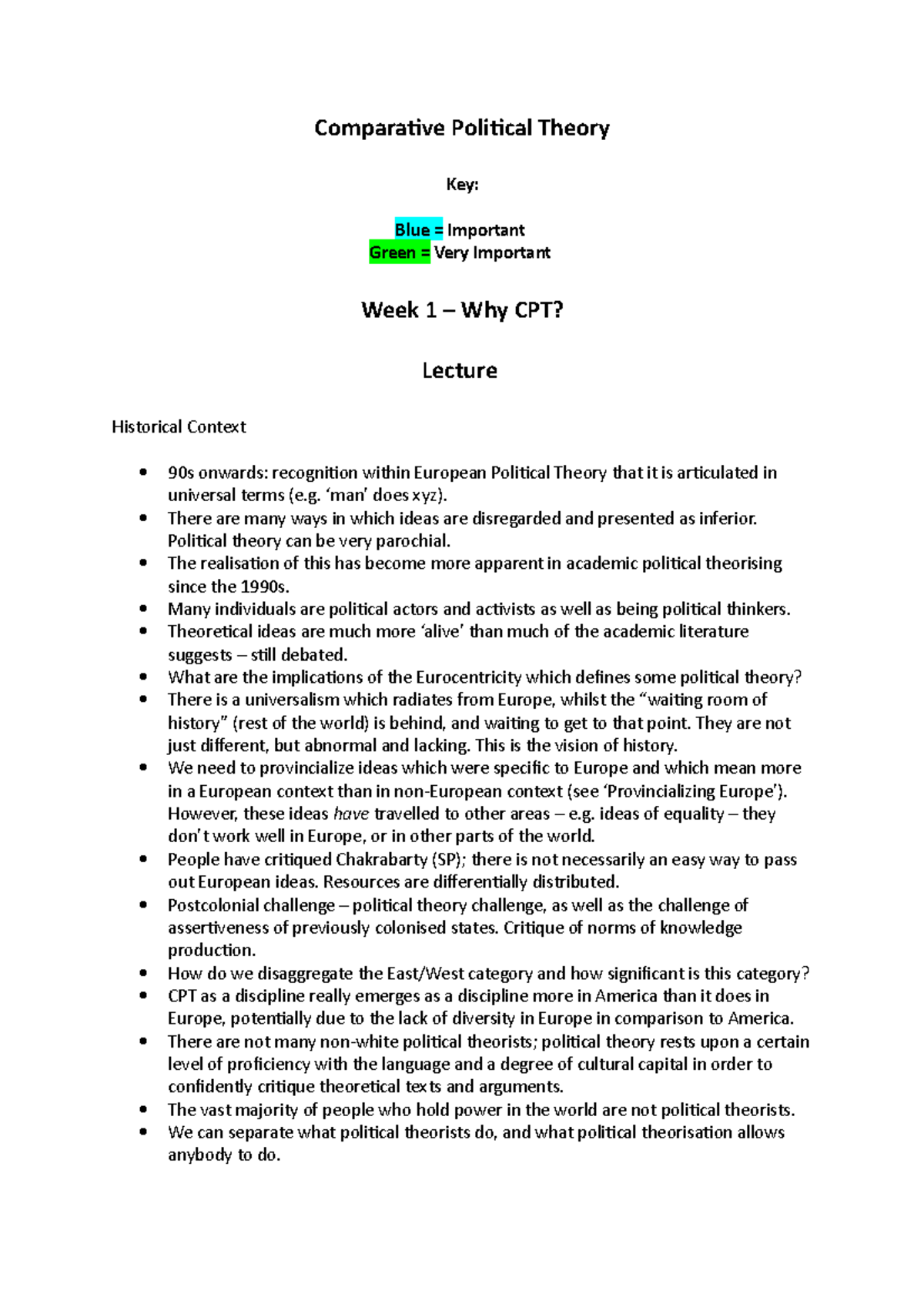 Comparative Political Theory - Comparative Political Theory Key: Blue ...