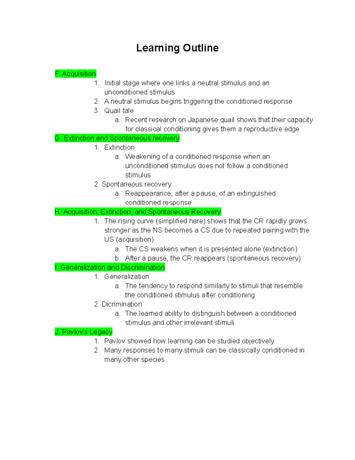 General Psychology-Learning Outline - Learning Outline F. Acquisition 1 ...