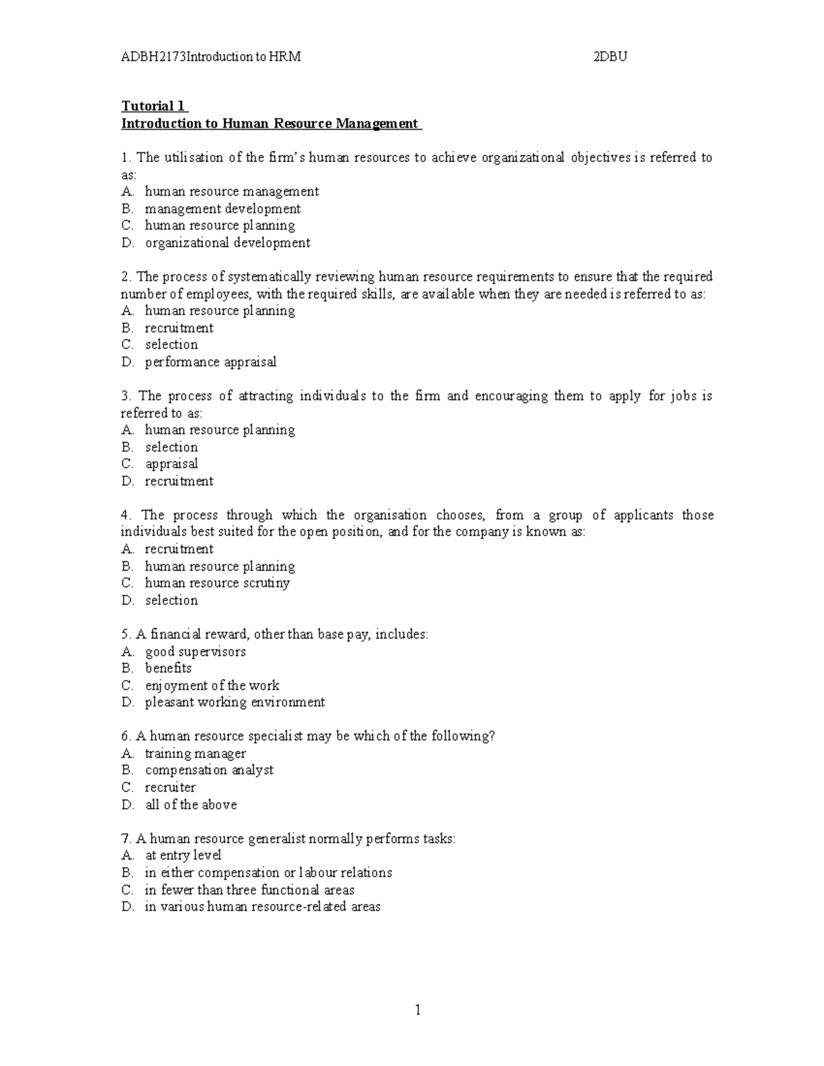 Tutorial 1-1 - ADBH2173Introduction to HRM 2DBU Tutorial 1 Introduction ...