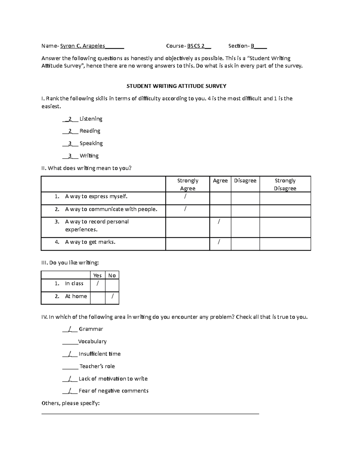 Activity 1 Writing Attitude Survey - Name- Syron C. Arapeles ...