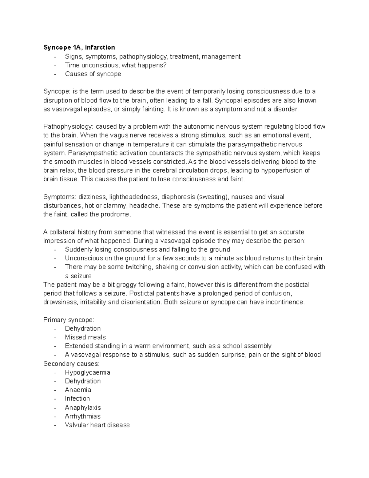Syncope summary - Syncope 1A, infarction - Signs, symptoms ...