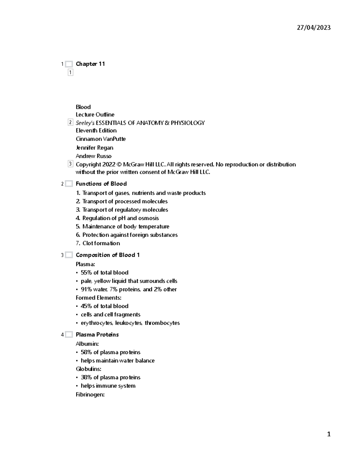 Ch.11 Blood Outline - reviewer notes - Chapter 11 Blood Lecture Outline ...