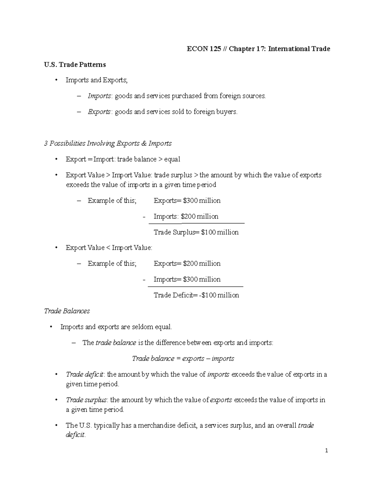 Ch 17 - Lecture notes 17 - ECON 125 // Chapter 17: International Trade ...